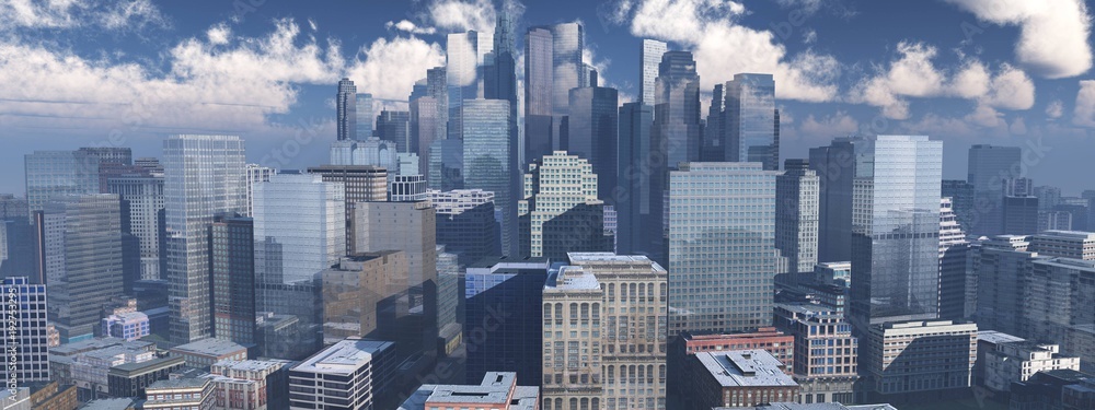 Skyscrapers from below, panorama of modern high-rise buildings against ...