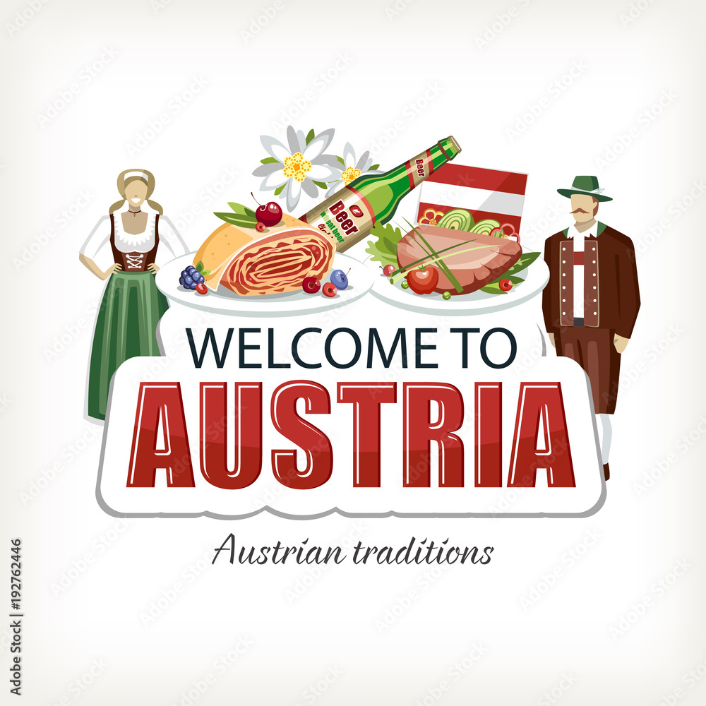 Austria sticker header lettering welcome with food people in national ...
