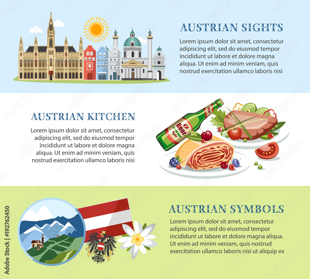 Austria background with traditional symbols food and architecture info ...