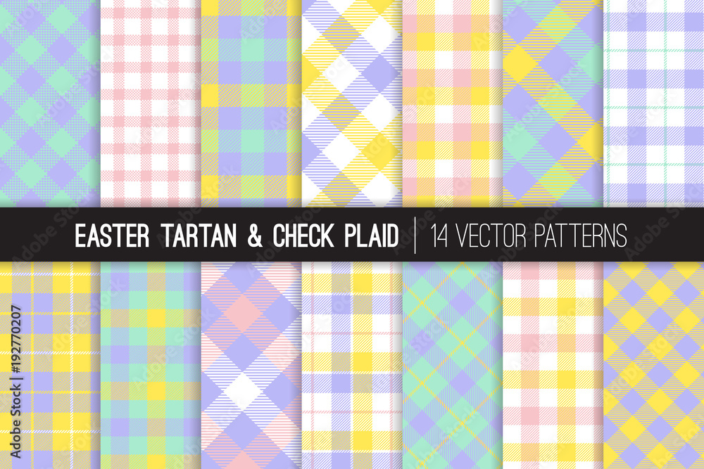Easter Pastel Color Tartan and Gingham Check Plaid Vector Patterns ...