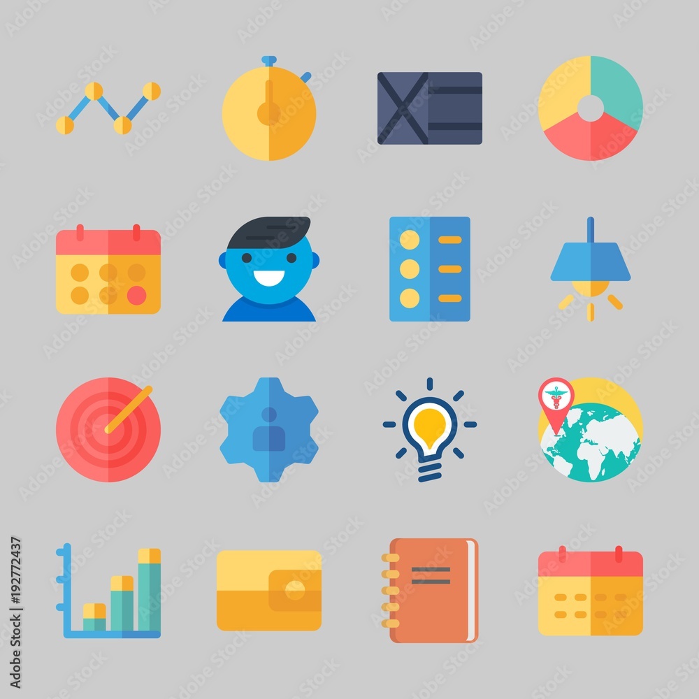 Icons about Business with notebook, pie chart, bar chart, idea, list ...