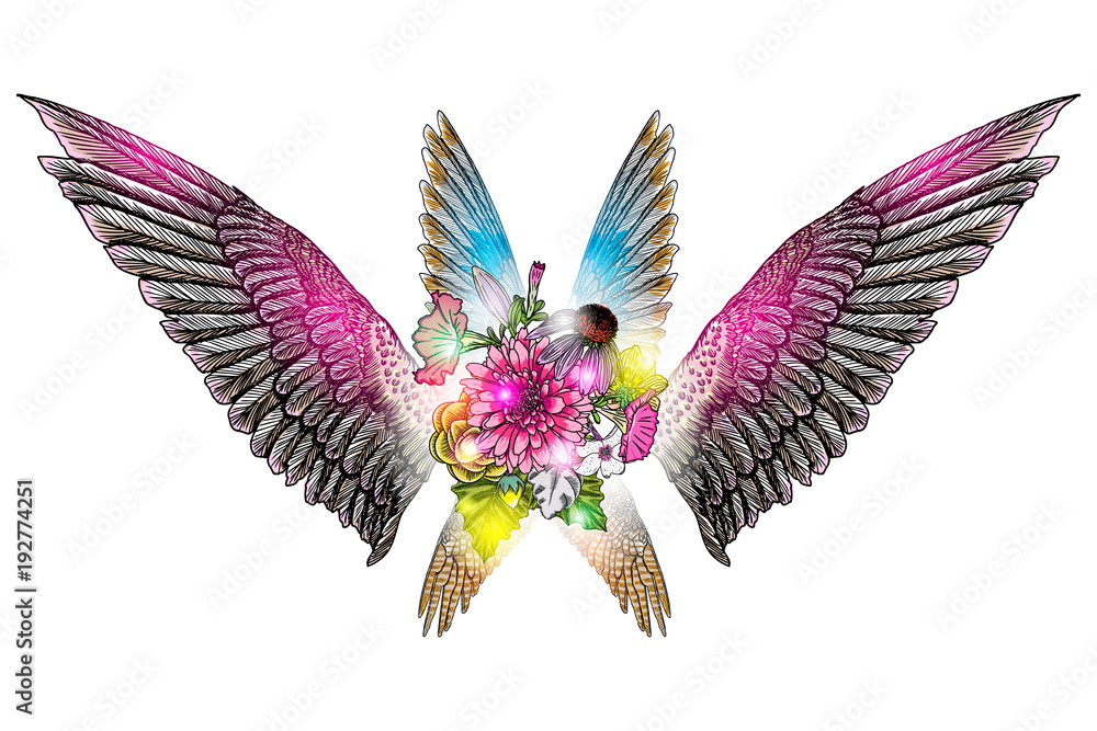 Ornate fashioned wings and elegant vintage flower bouquet, isolated ...