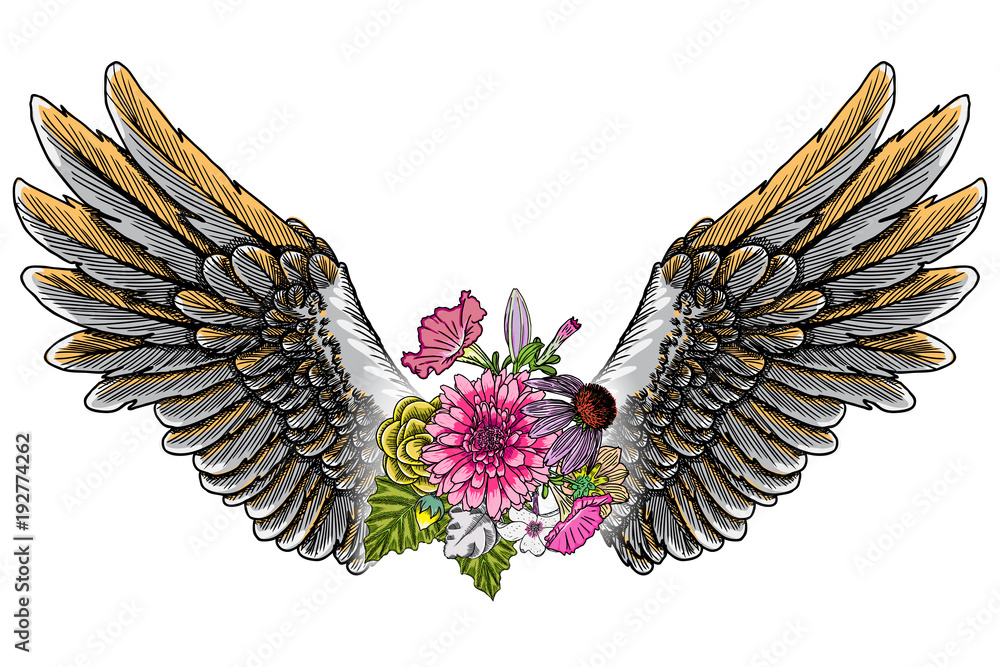 Rose and flowers with angel or bird wings. Vintage floral. Highly ...