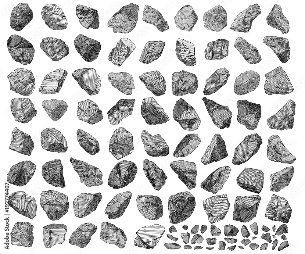 Large set of realistic hand drawn sketches stones and rocks. Different ...