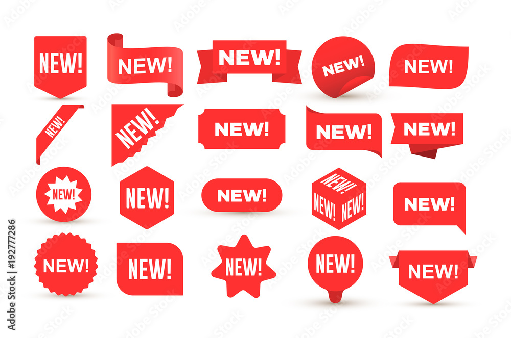 Set of new sticker. Badges with word new. Red promotion labels for ...