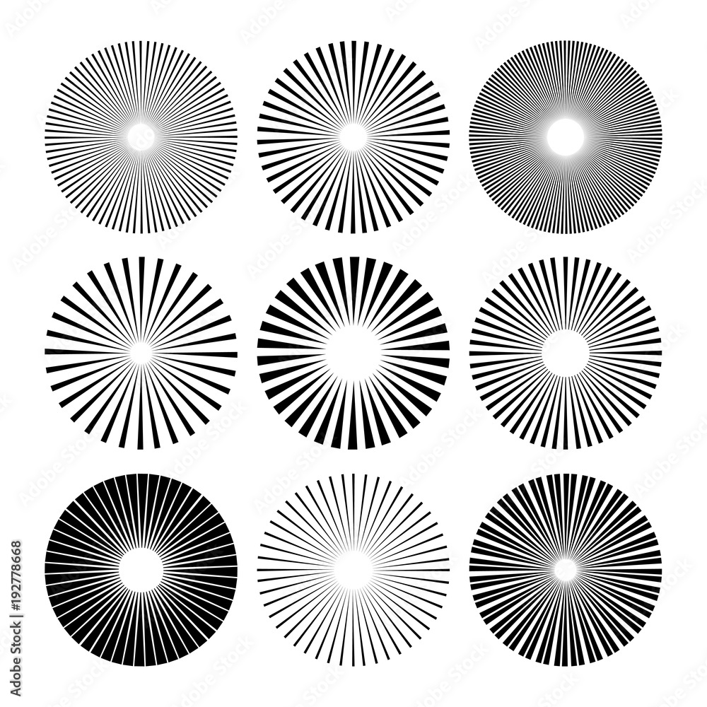 Set of rays, beams element. Sunburst, starburst shape. Abstract black ...