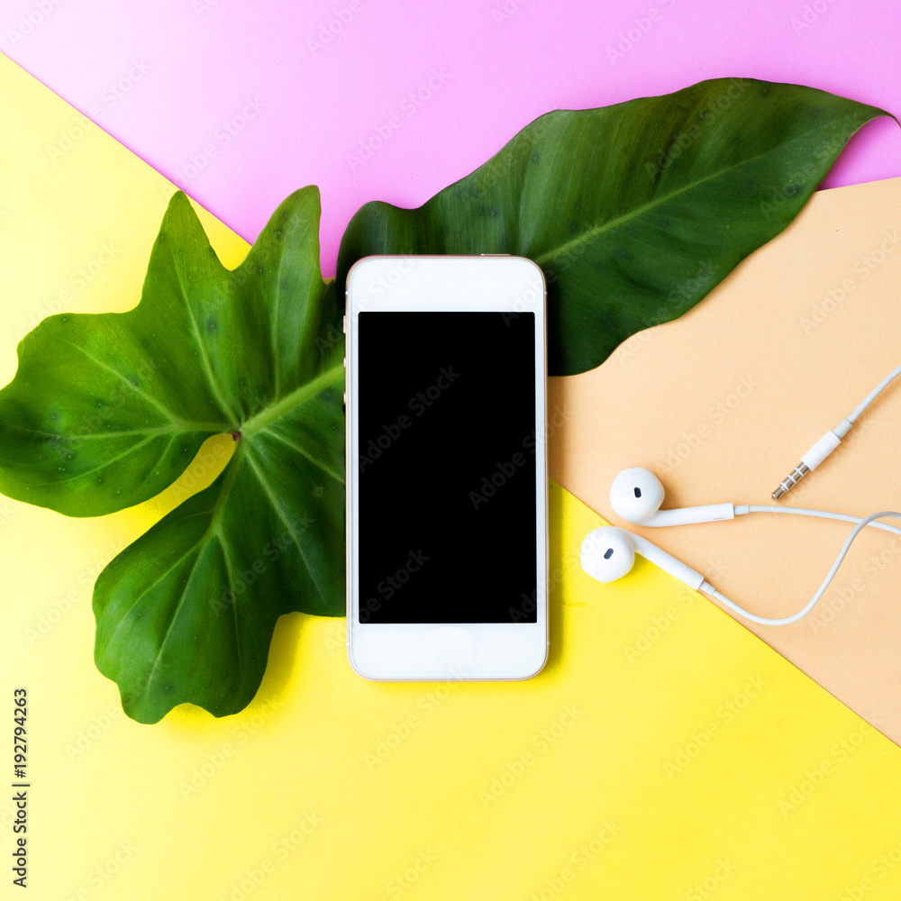 Flat lay phone blank screen and flowers on top view,background in ...