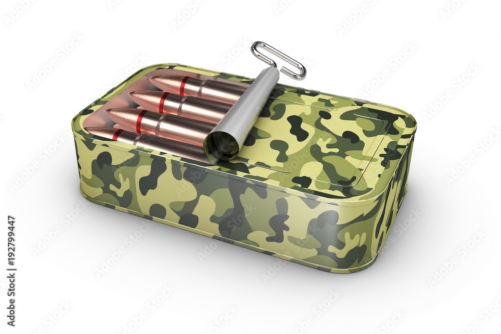 Bullets in the tin can isolated on white background. Unfired ammunition ...