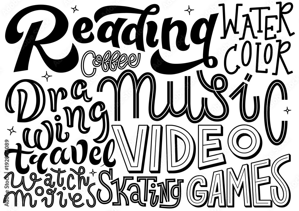 Different hobbies hand lettering wall poster. Vector illustration with ...