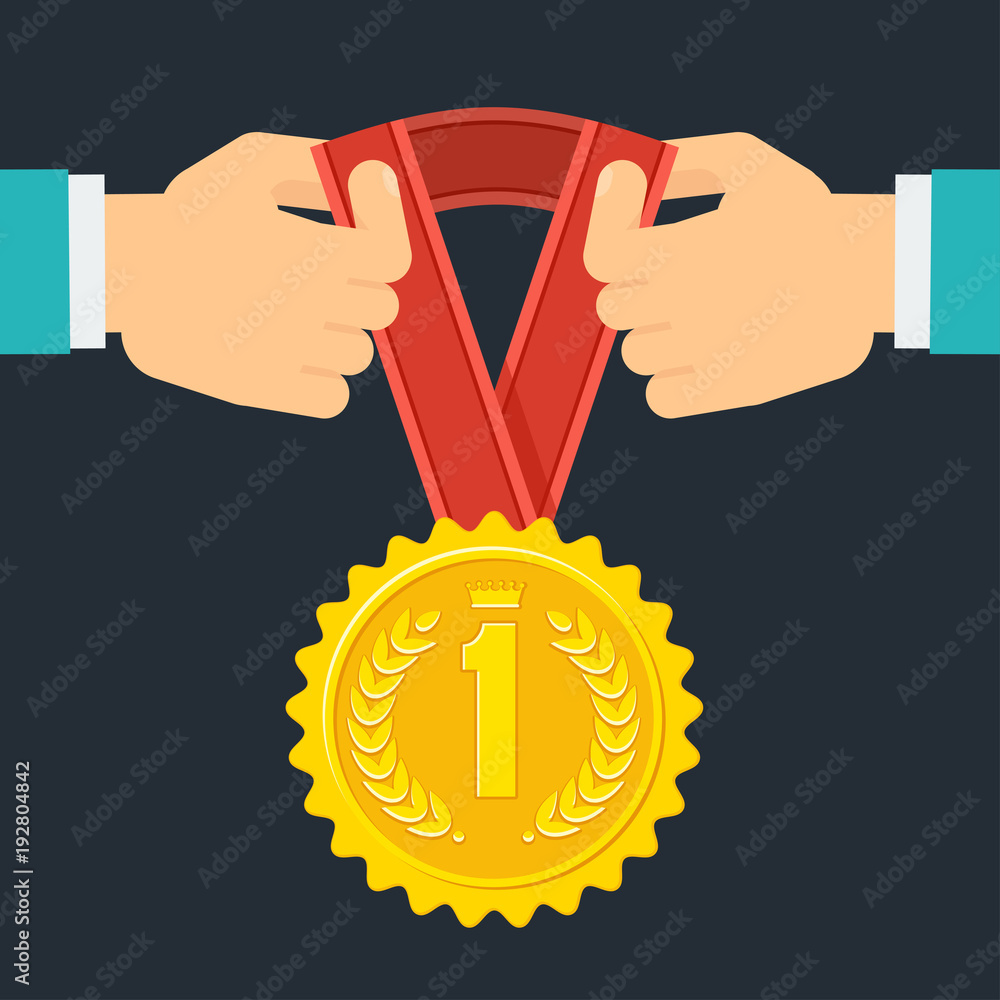 Achievement concept. Awarding with gold medal. Signs and symbols of ...