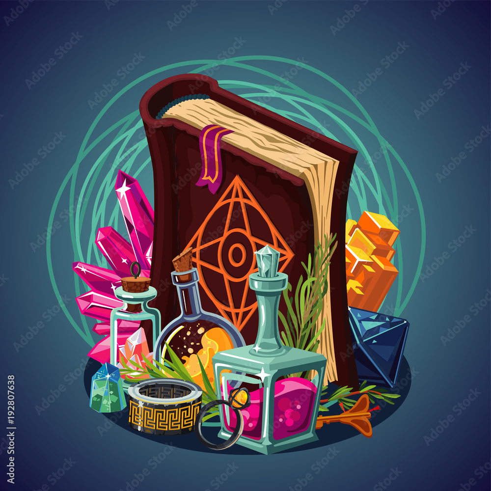 Fantasy game equipment. Magic background. Concept art. Spellbook and ...