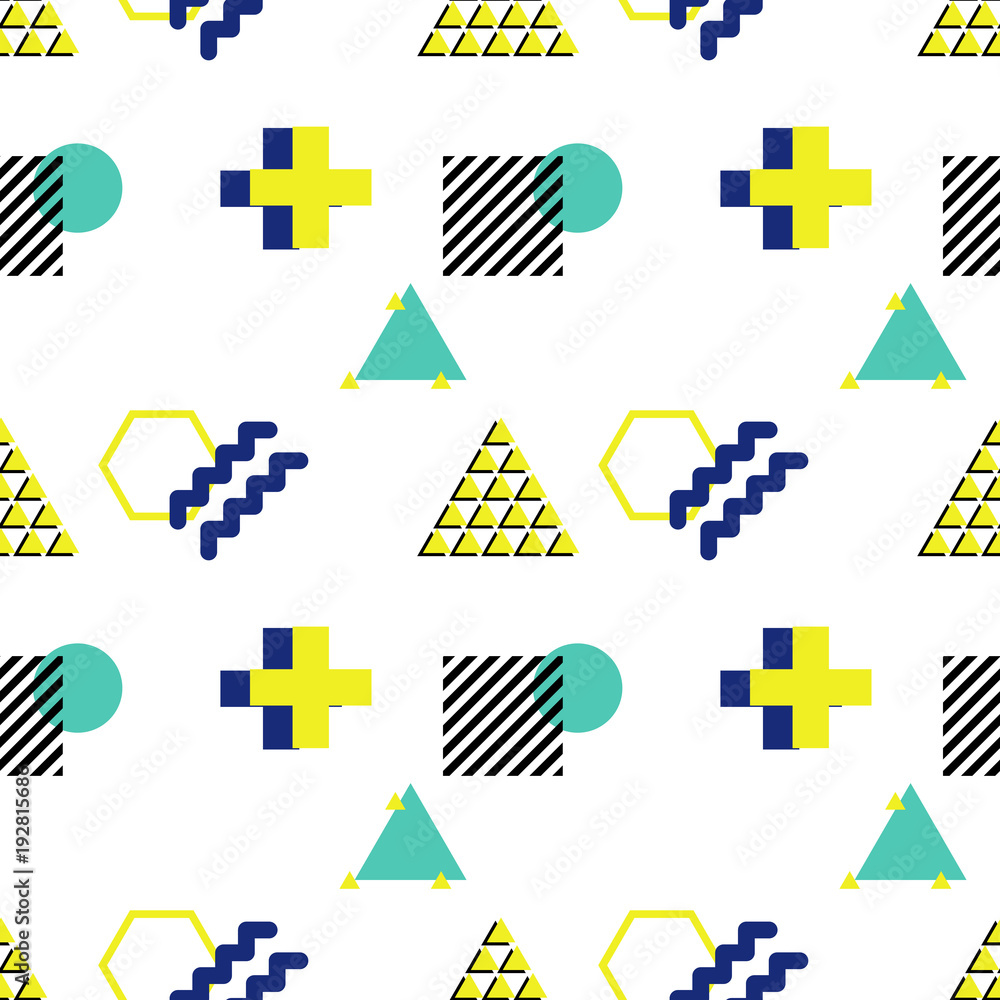 Vector seamless pattern in 90s style. Geometric shapes of triangle ...