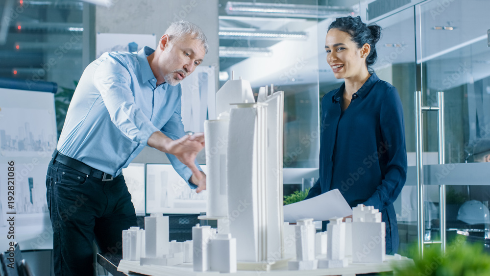Two Professional Male and Female Architectural Engineers Work with ...