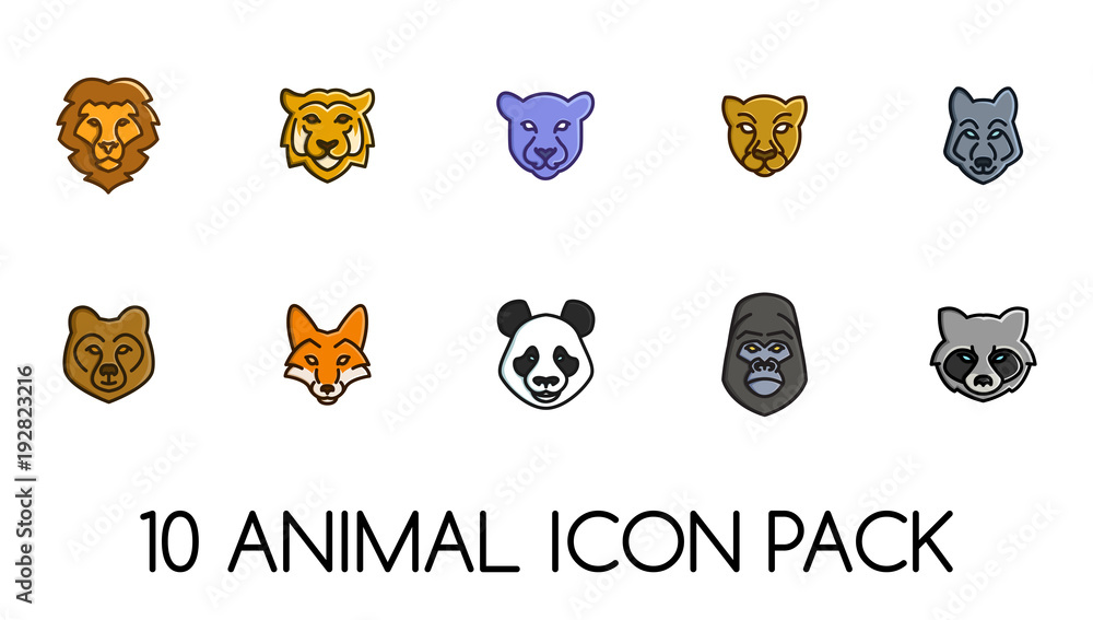 10 Animal Face Icon Pack Stock Vector | Adobe Stock