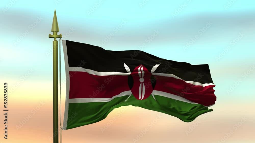 National Flag of Kenya waving in the wind against the sunset sky ...