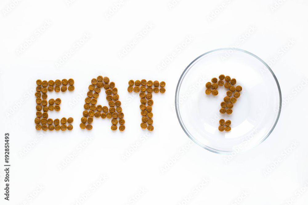 Word EAT and question mark made of dry food with empty bowl. Pet care ...