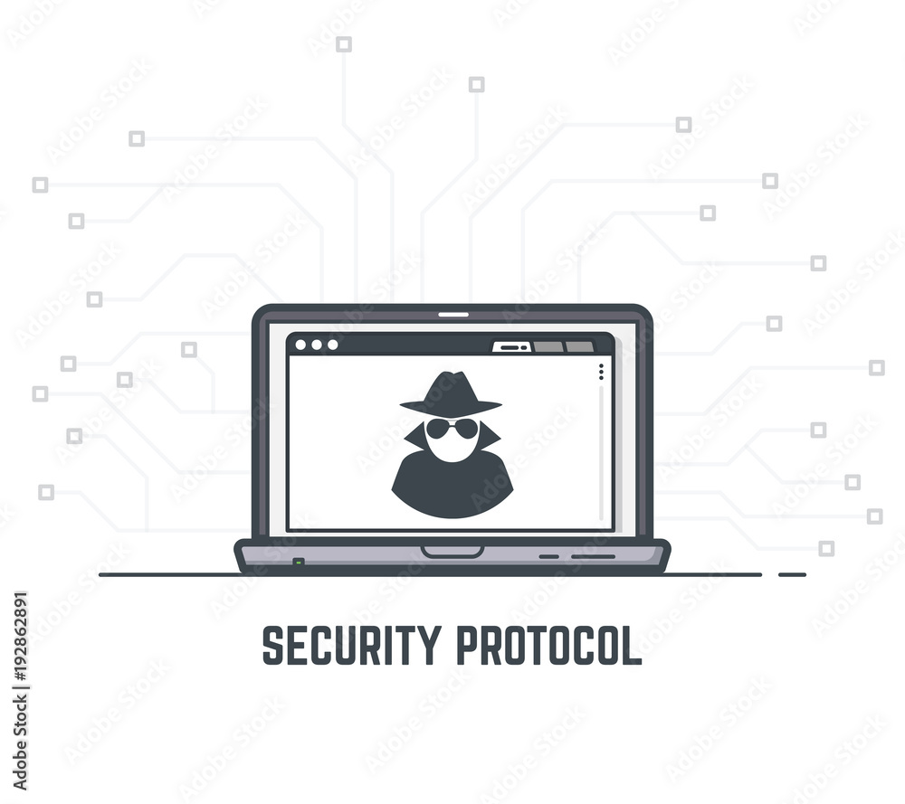 Data security concept. Laptop with mysterious anonymous hacker icon in ...