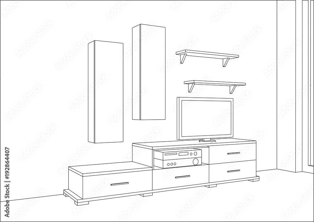 3D vector sketch. TV stand and entertainment center with appliances and ...