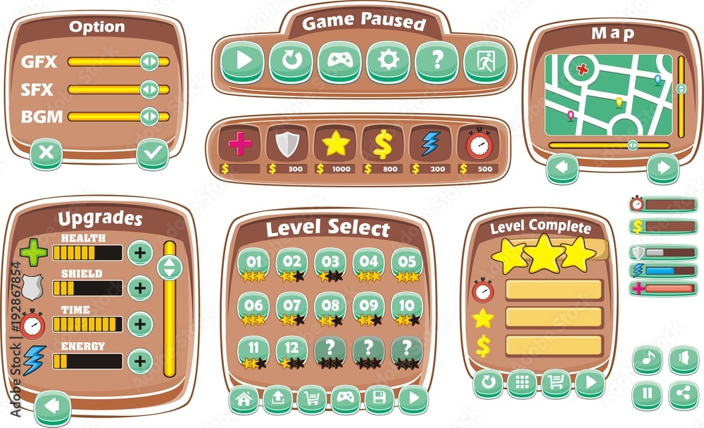 Game User Interface in cartoon style with basic buttons and functions, status bar, for creating ...