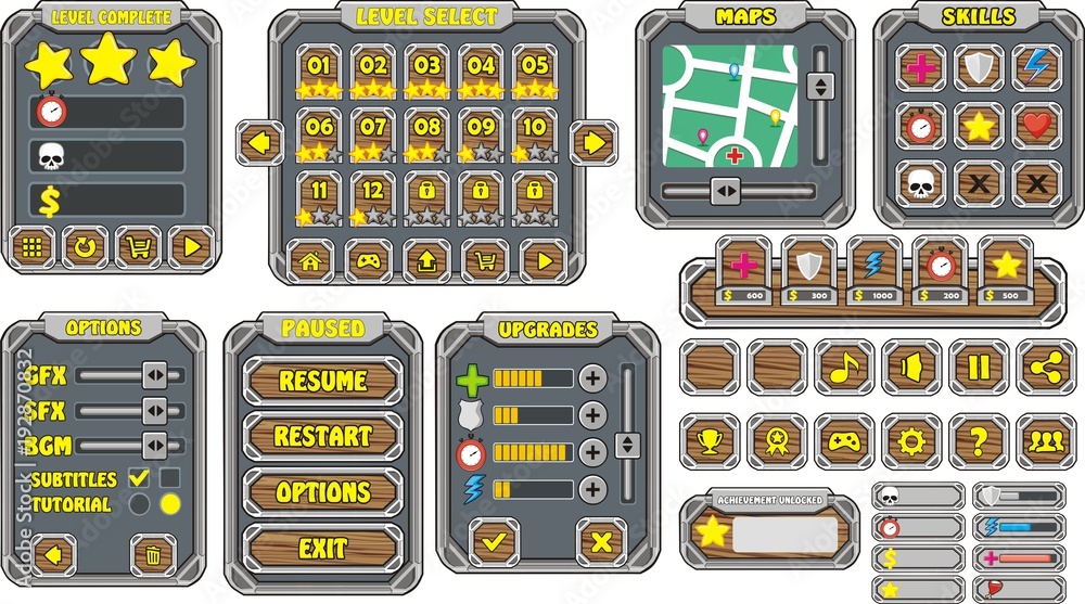 Game User Interface in cartoon style with basic buttons and functions, status bar, for creating ...