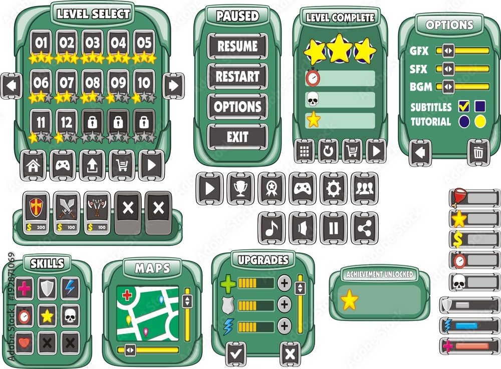 Game User Interface in cartoon style with basic buttons and functions, status bar, for creating ...