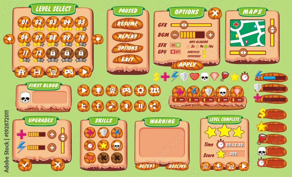 Game User Interface in cartoon style with basic buttons and functions ...
