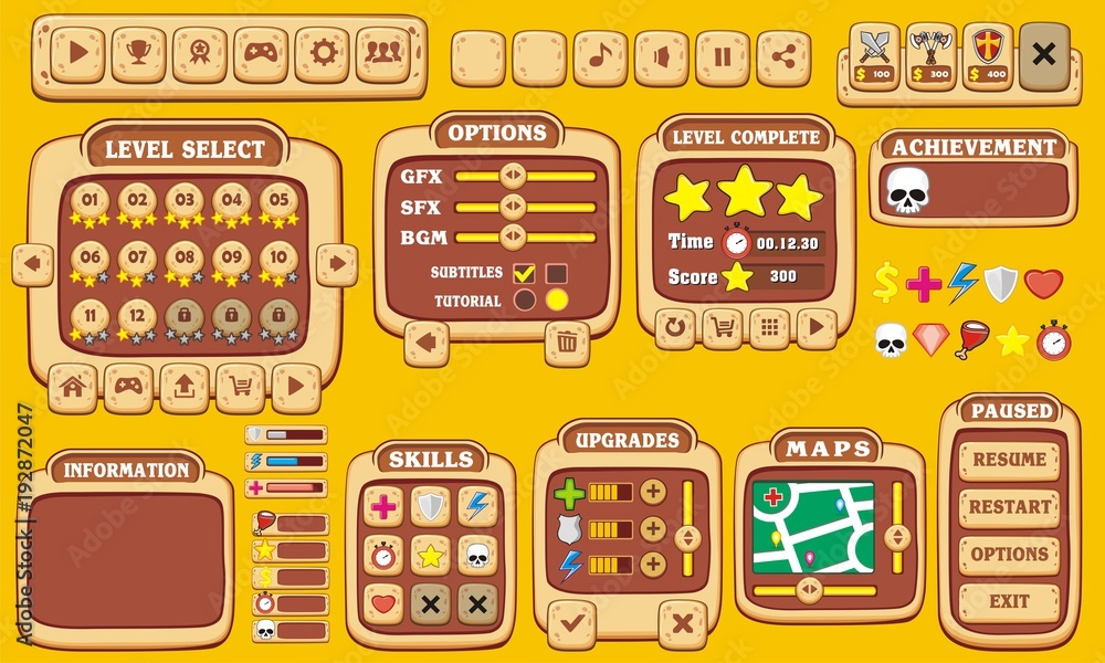 Game User Interface in cartoon style with basic buttons and functions, status bar, for creating ...