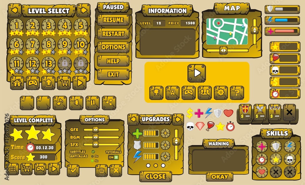 Game User Interface in cartoon style with basic buttons and functions, status bar, for creating ...