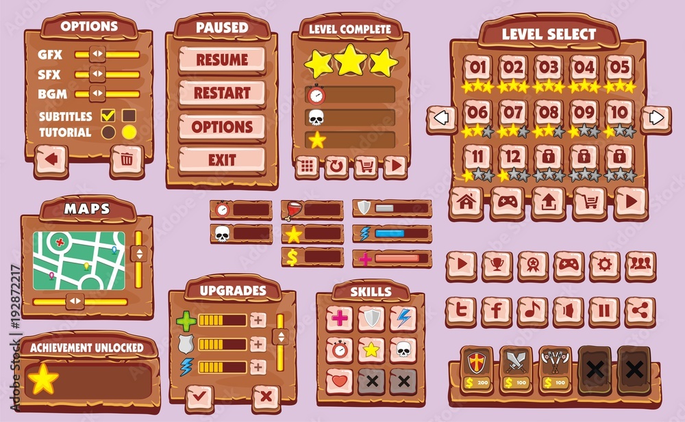 Game User Interface in cartoon style with basic buttons and functions, status bar, for creating ...