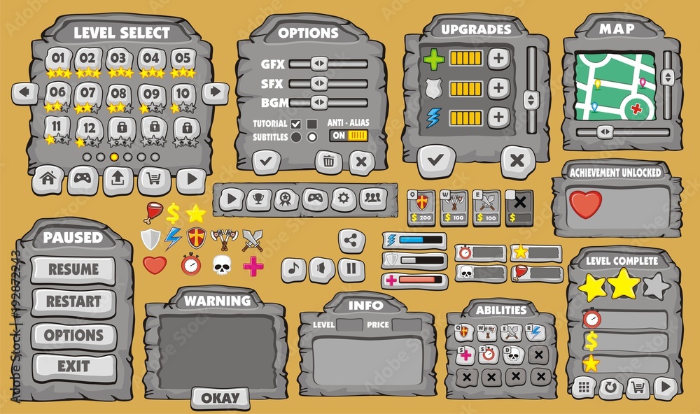 Game User Interface in cartoon style with basic buttons and functions, status bar, for creating ...