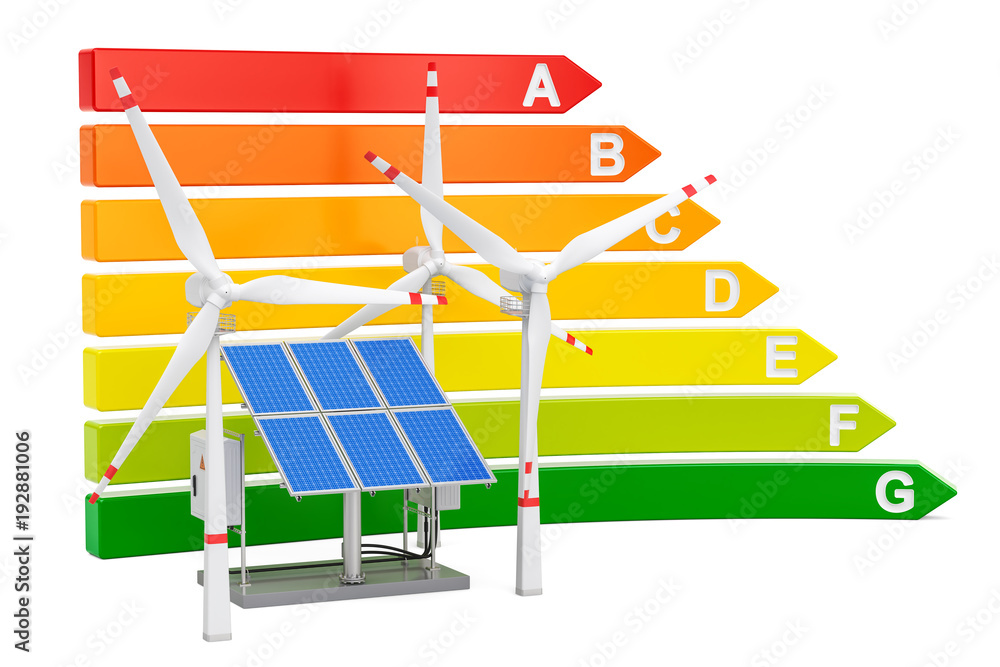Energy efficiency chart with solar panels and wind turbines, 3D ...