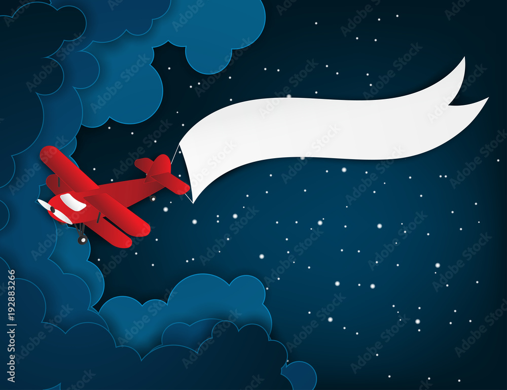 Airplane aerial view paper art with paper banner for text. Flying ...