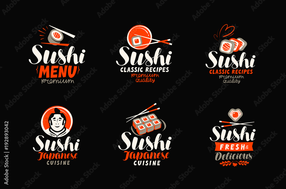Sushi, sashimi, japanese cuisine logo or label. Set of elements for ...