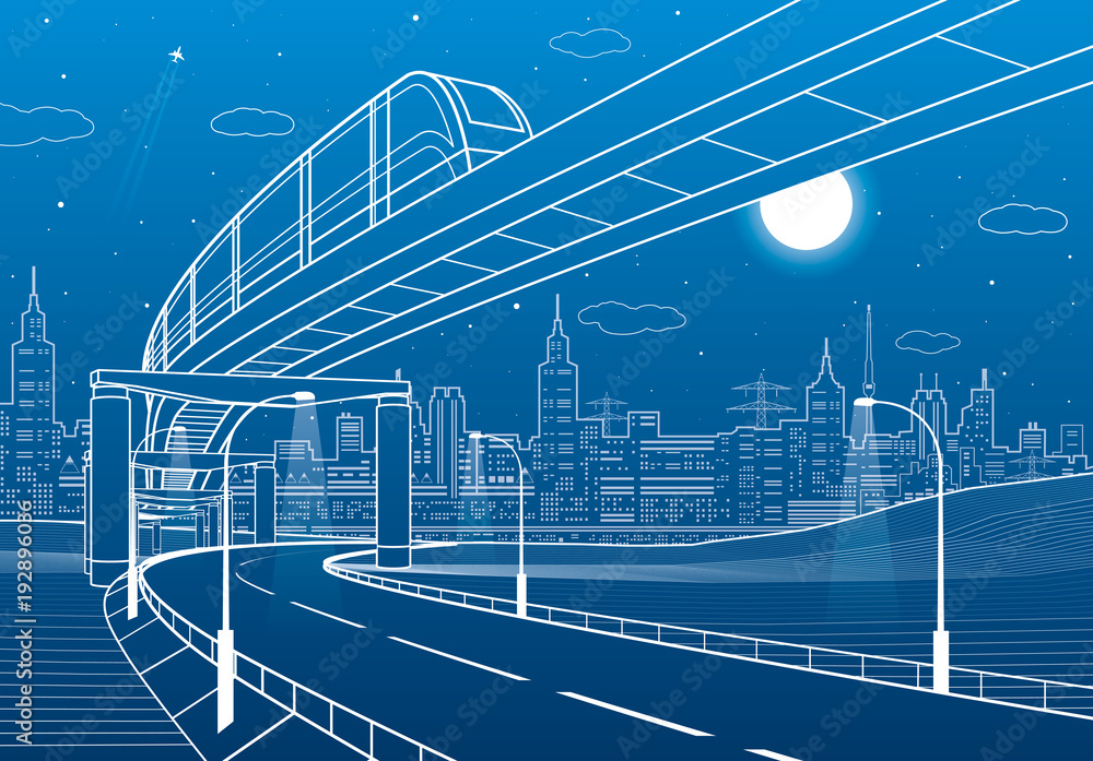 Monorail railway. Illuminated highway. Transportation illustration ...