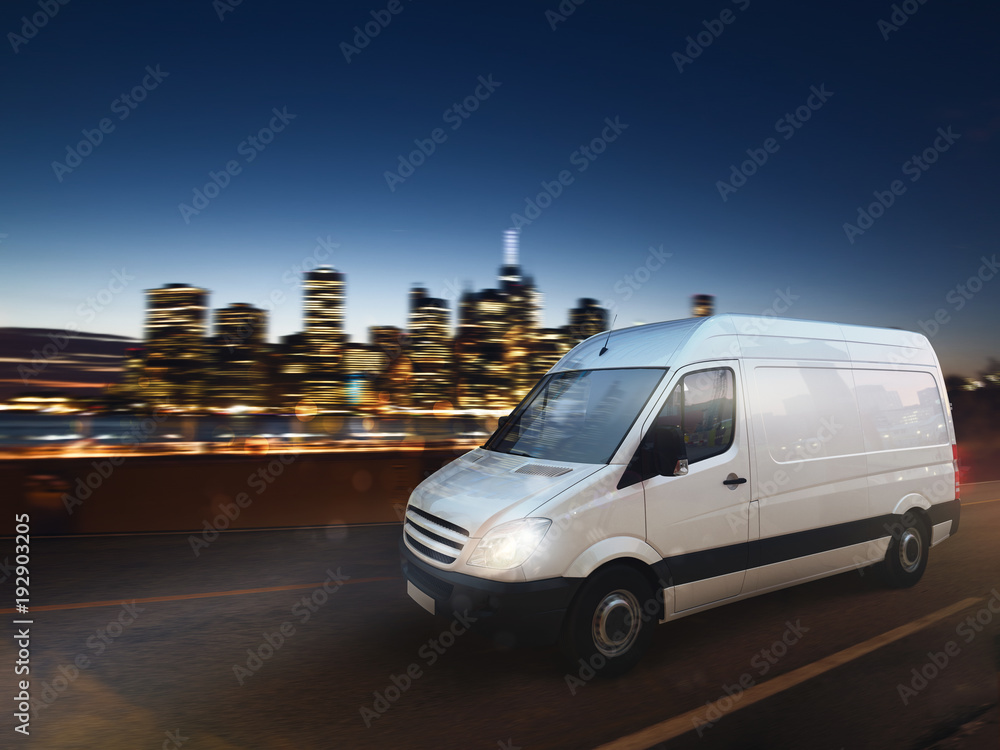 Fast van on a city road delivering at night. 3D Rendering Stock ...