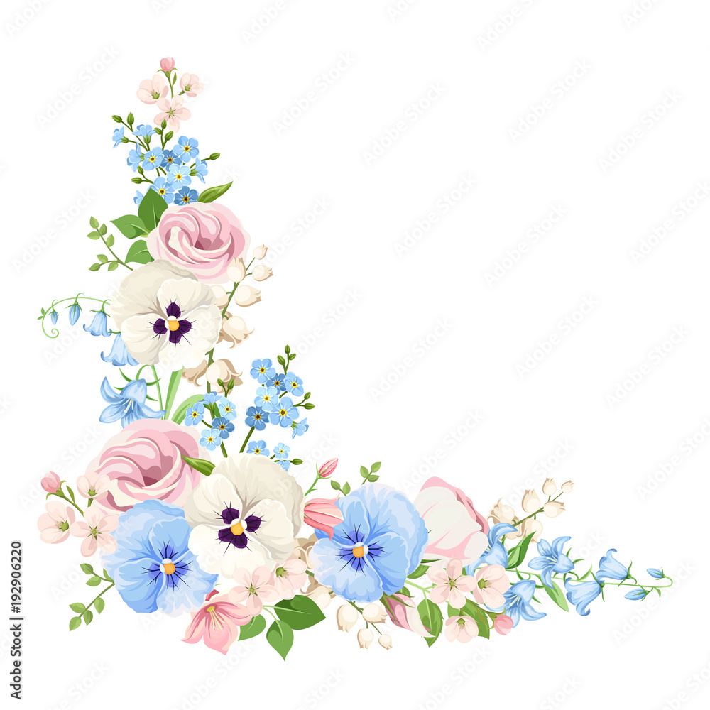 Vector corner background with pink, blue and white spring flowers ...