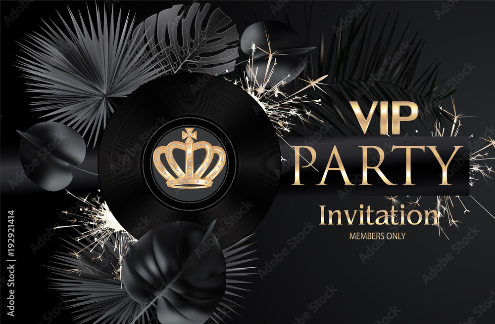 VIP PARTY INVITATION BANNER WITH TROPICAL LEAVES, SPARKLERS AND VINYL ...