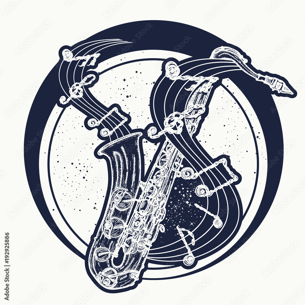Saxophone and music notes. Notes take off from a saxophone, musical art ...