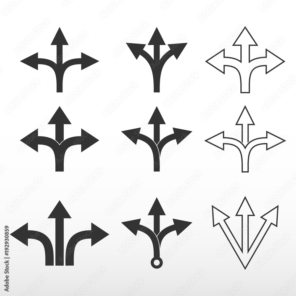 Set Three Way Direction Arrow Direction Arrow Sign Vector Icon