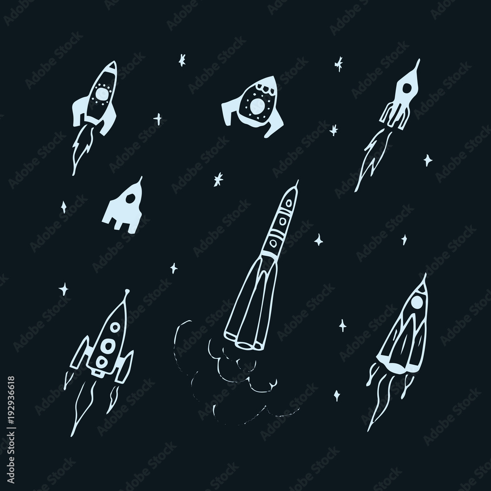 Vector set of hand drawn doodle rocket icon and rocket silhouette. Icon ...