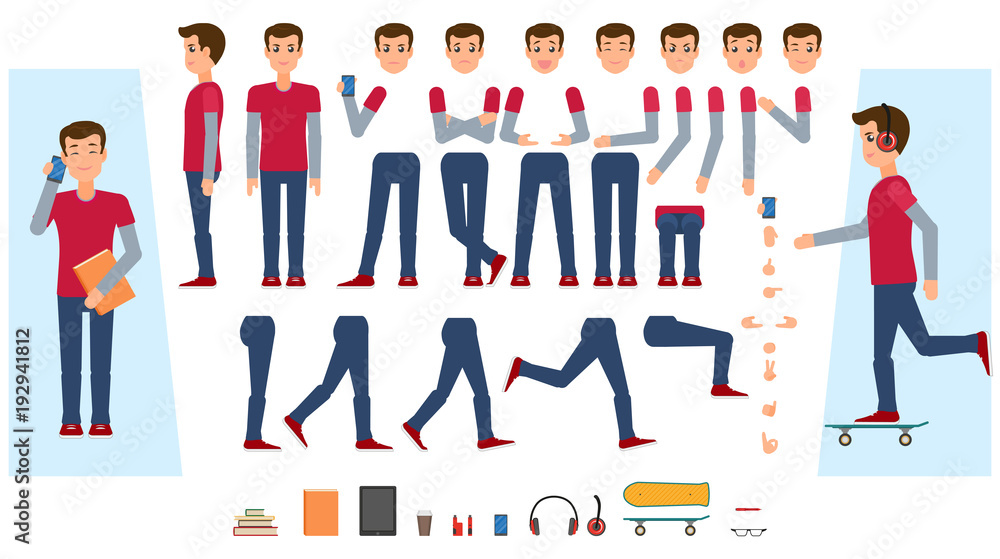 Vector animated young man character. Male teenager creation set front ...