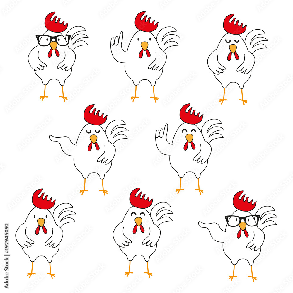 Set of cute hand drawn cartoon characters of rooster Stock Vector ...