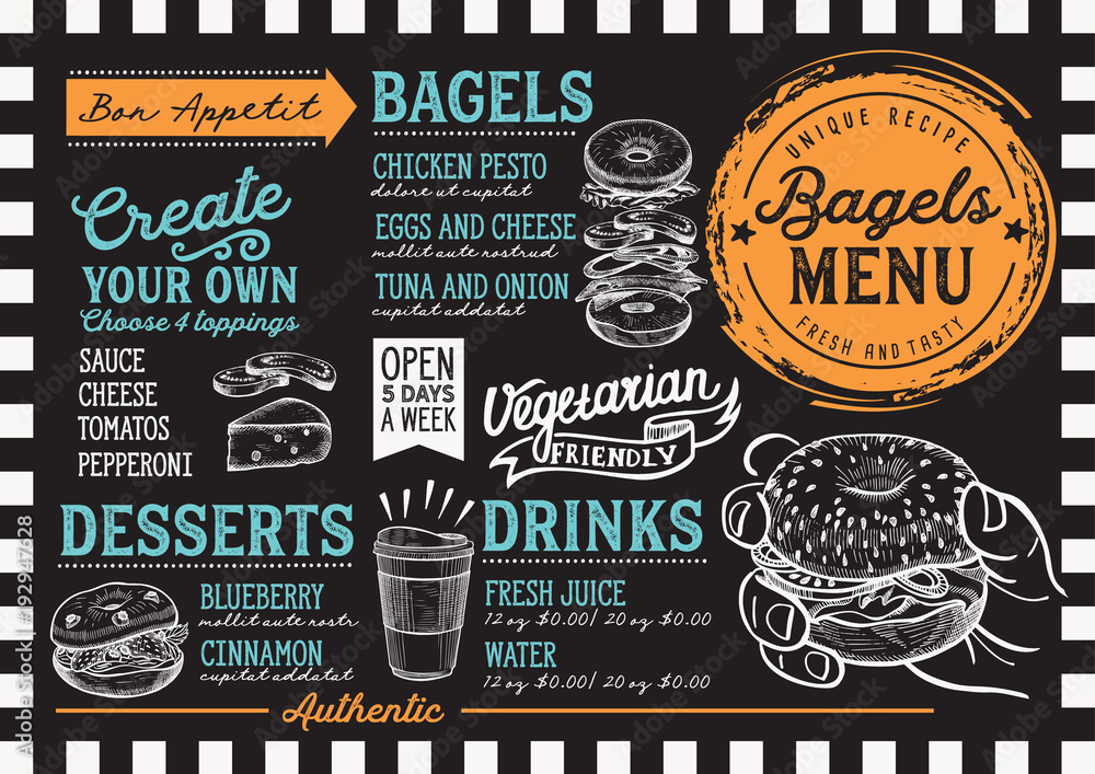 Bagels restaurant menu. Vector sandwich food flyer for bar and cafe ...