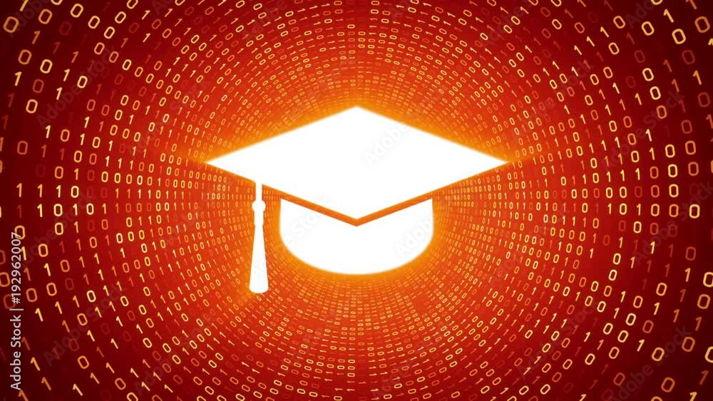 White education cap icon form yellow binary tunnel on orange background ...