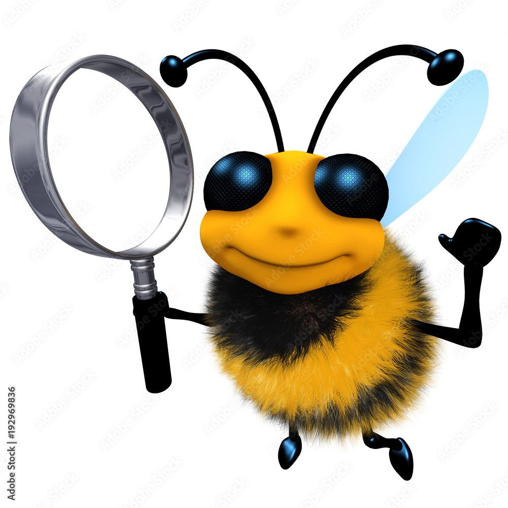 3d Funny cartoon honey bee character holding a magnifying glass Stock ...