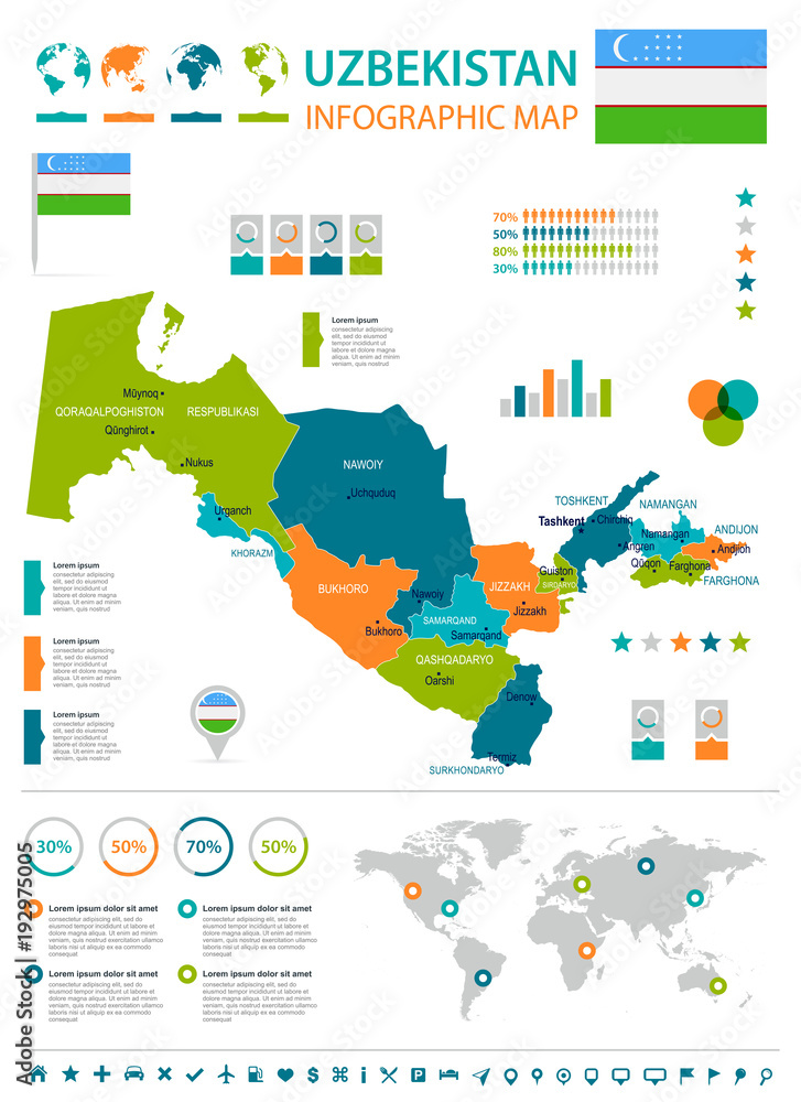 Uzbekistan, - infographic map and flag - Detailed Vector Illustration ...