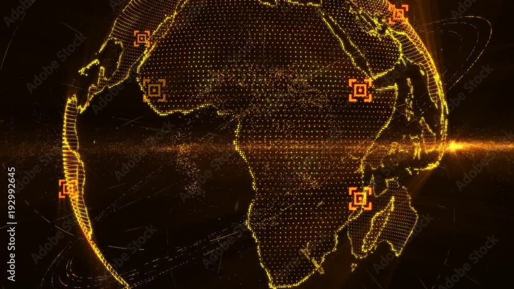 Pixel 3D golden shining globe of Earth in rotating with wave particles ...