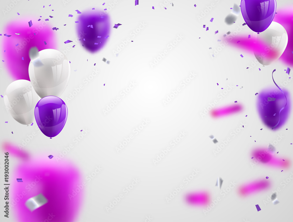 Celebration party banner with purple balloons isolated on white ...