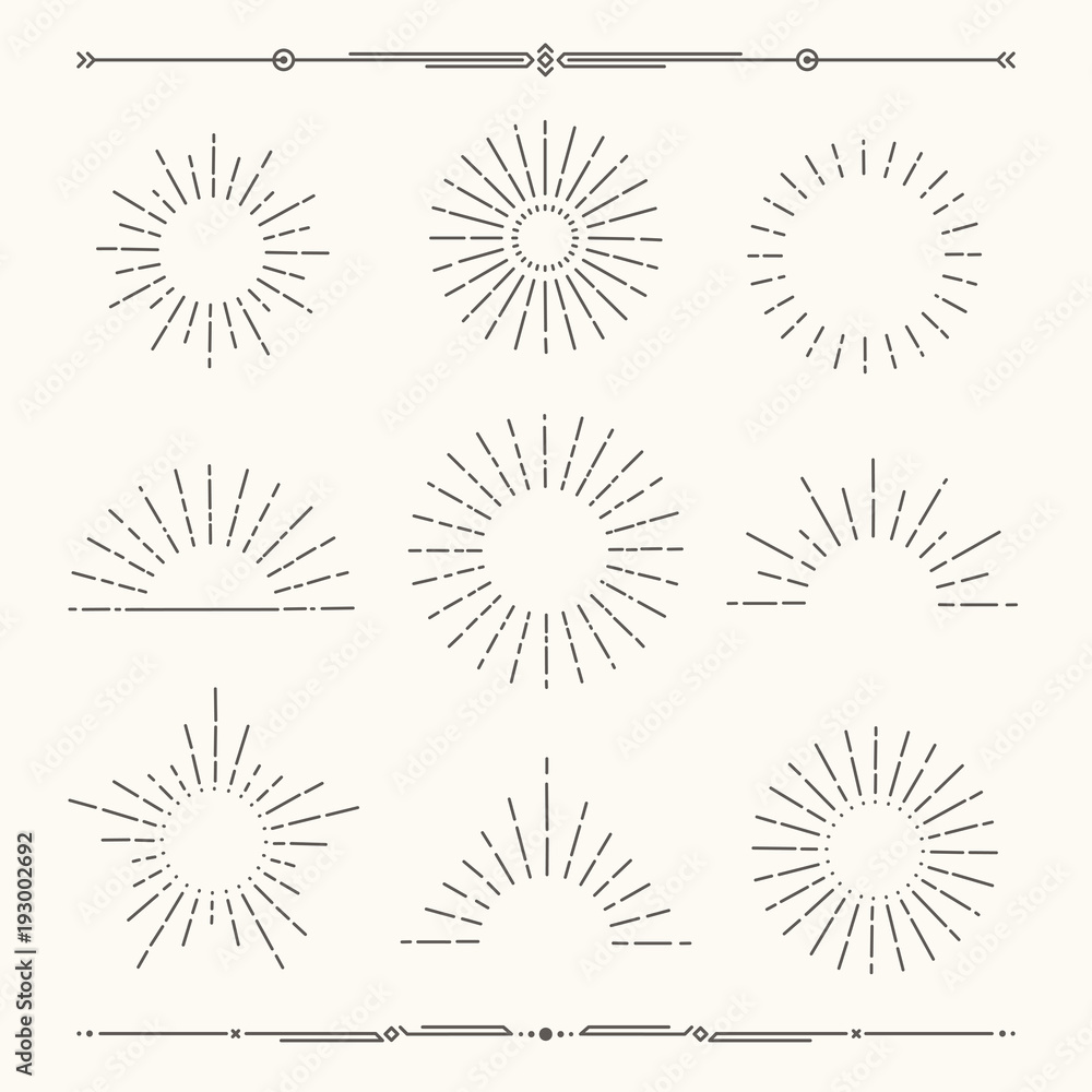 Set of vintage, hipster sunburst shapes. Shine sun ray set. Sunset ...