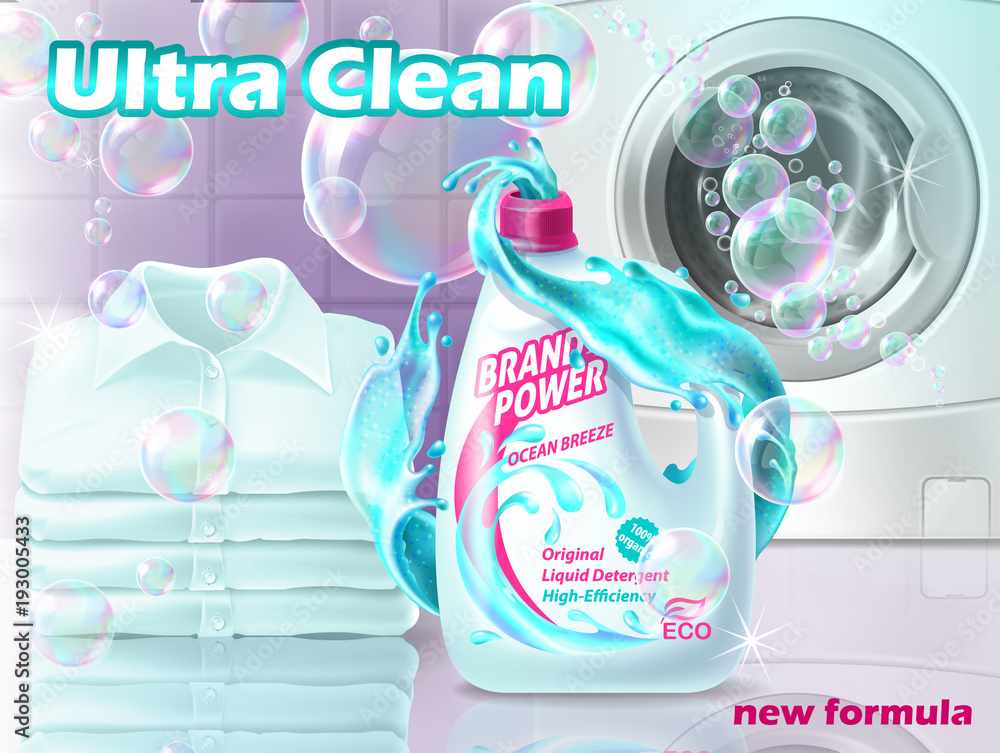 Vector realistic promo banner of liquid detergent with washing machine ...